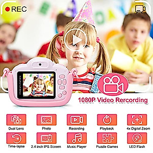 MINIBEAR Kids Camera for Girls 30MP Digital Camera for Kids Selfie Video Camera 2.4 Inch Screen Toddler Camera 3 4 5 6 7 8-10 12 Year Old Toddler Toys Camera Gifts for Girls Kids, 32GB TF Card, Pink