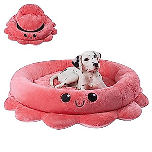 Jiupety Cute Octopus Dog Bed with Smiling Face, Soft Round Dog Bed with Removable Cushion, Cartoon Style and Smiling Face, Luxury, Soft, Comfy, Cozy, Fit Small to Large Dogs (Red)
