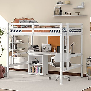 Lifeand Full Size Loft Bed with Desk and Writing Board, Wooden Loft Bed with Desk & 2 Drawers Cabinet,White
