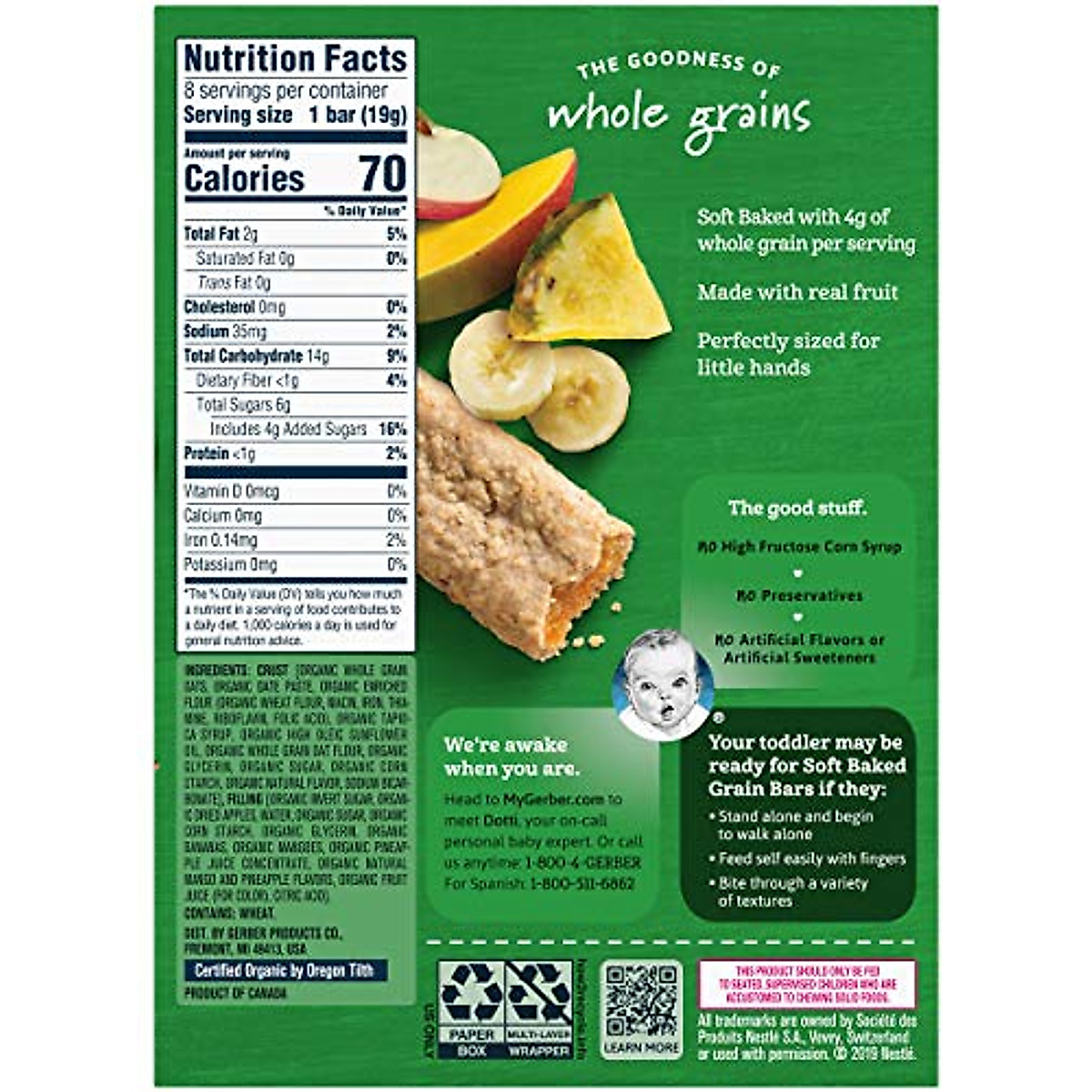 Gerber Organic Grain & Grow Toddler Bars, Banana Mango Pineapple, Soft Baked Grain Bars Toddler Snack, 8 Individually Wrapped Bars/Box (Pack of 2 Boxes)