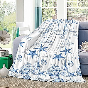 ERXPOOD Flannel Fleece Blankets, Soft Warm Throw Blanket Ocean Underwater Marine Life Starsfish Shell Lightweight Sofa Bedspread Throws for Couch/Bed/Living Room Bedroom Nautical Sailboat Anchor