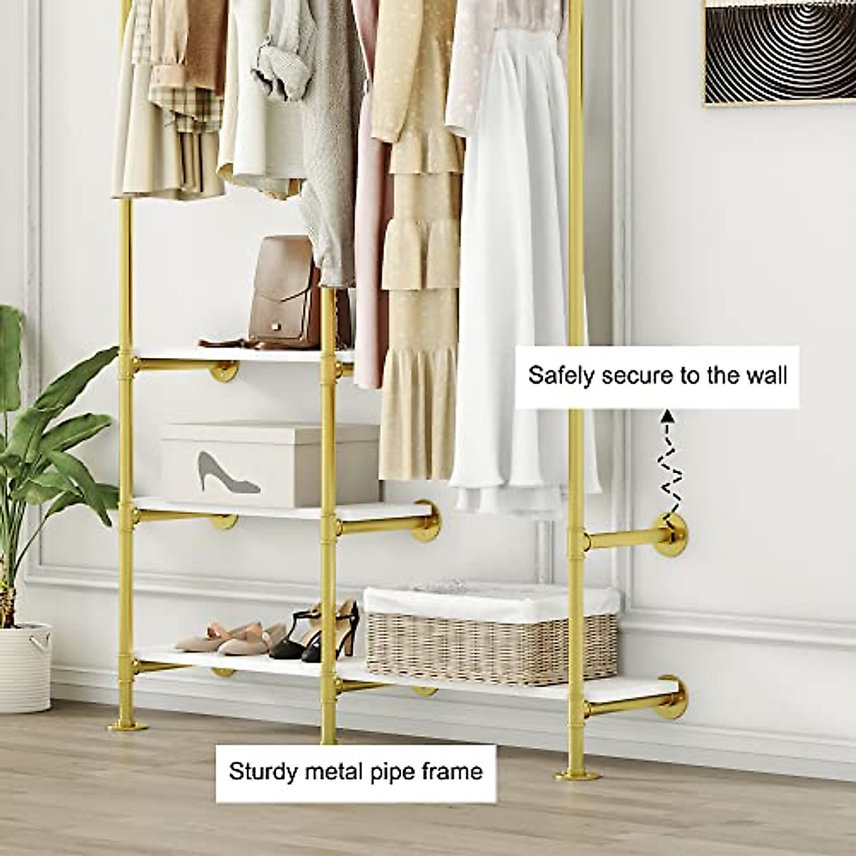 HEONITURE Gold Clothing Rack with 3-Tier Shelves, Multi-Purpose Heavy Duty Industrial Pipe Clothes Rack, Wall Mounted Garment Hanging Rods for Closet and Bedroom (Gold)