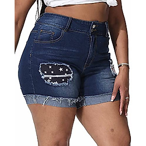 Rubugil Women's Plus Size Casual Denim Shorts High Waisted Stretchy American Flag Patched Folded Hem Jean Shorts Dark Blue 16W