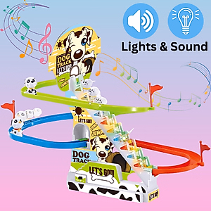 Dalmatian Racer Climbing Stairs Slide Toy - Spotty Dog Race Track Puppy Chasing Roller Coaster Game Set with LED Lights and Music for Toddlers, Kids
