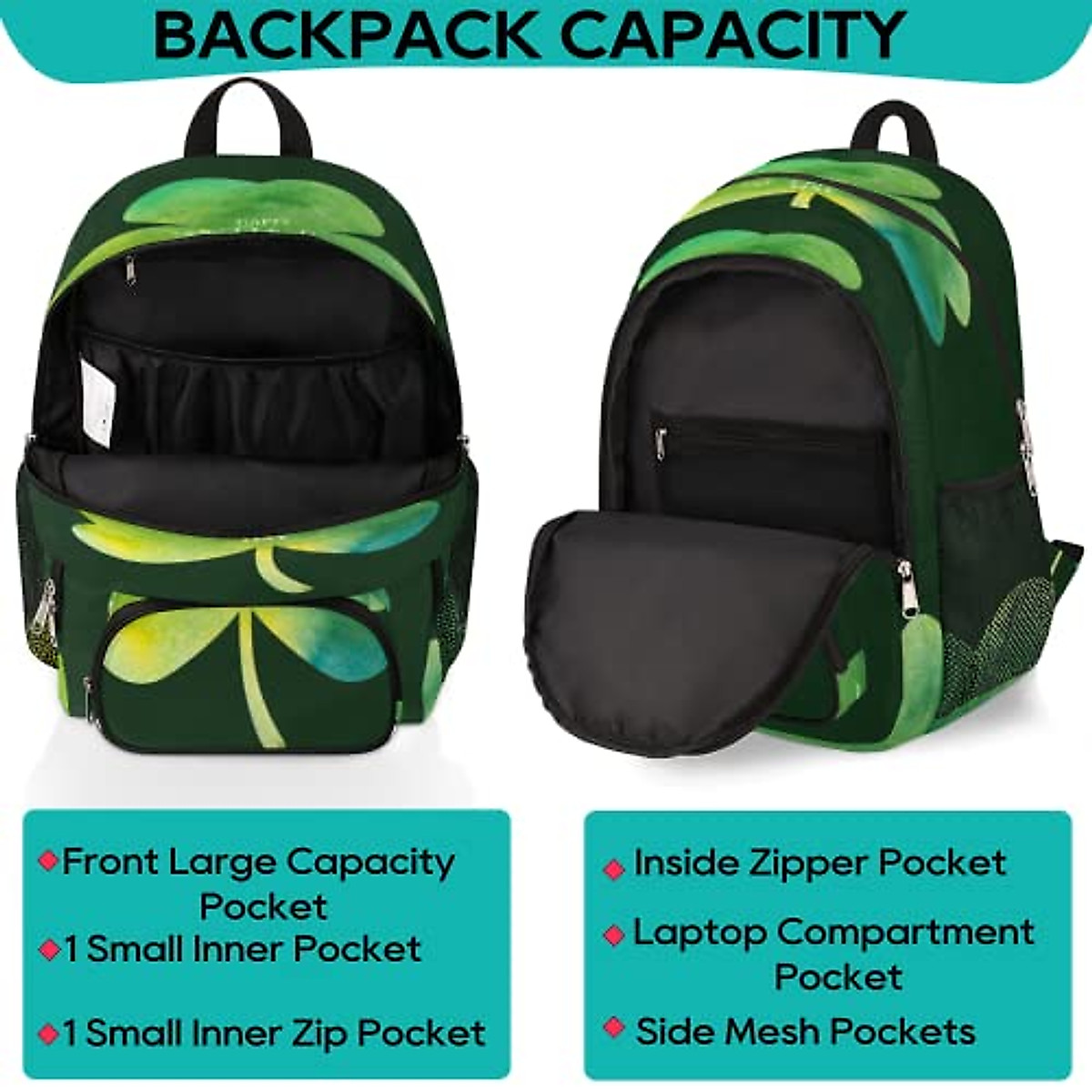 St. Patrick's Day St. Patrick's Day Clover Bookbag School Backpack Teens Girls Boys Schoolbag Shoulder Computer Hiking Gym Travel Casual Travel Daypack
