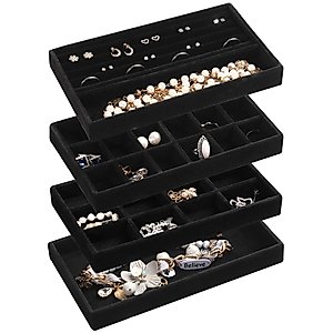 Frebeauty Jewelry Organizer Tray,Stackable Velvet Jewelry Trays,Drawer Inserts Earring Organizer For Women Jewelry Storage Display Case for Rings Stud Necklaces,Set of 4(Black)