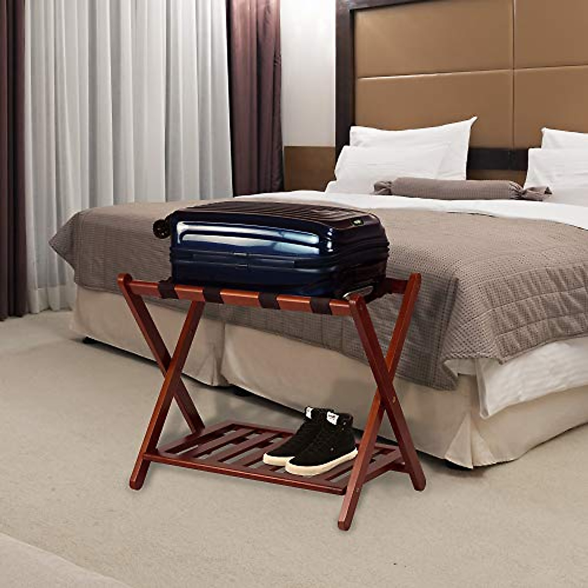 Stony Edge folding luggage rack for guest room Perfect sized 26.75”x16”x22.25” with Extra Shelf Storage - Suitable for Luggage, Suitcase and Shoes (Espresso)