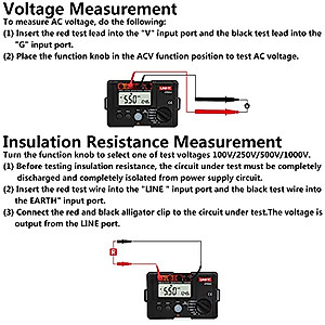 Insulation Resistance Tester, Ohm Meter, 100V/250V/500V/1000V Voltmeter 0 to 5G ohm Meter Megohmmeter, Ground Resistance Tester 2000 Counts LCD Display with Backlight (UT501A)