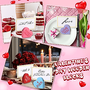 Qunclay 18 Pcs Valentine's Day Wooden Heart Place Card Holder Mini Heart Decor with 30 Pcs Gold Foil White Place Card Table Photo Number Sign Stand Holder for Place Setting Decoration(Lovely Style)