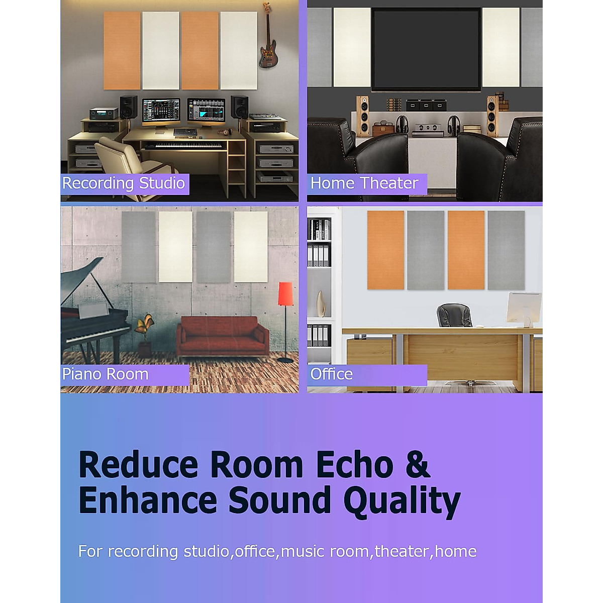 BUBOS Acoustic Panels,4 Pack 24''x12'' Fabric Wrapped Panel Soundproof Wall Panels,Self-adhesive Sound Absorbing Panels for Studios, Office, Home Theater,Beige