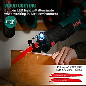 HYCHIKA Reciprocating Saw, 18V MAX Cordless Saw with 2.0Ah Battery, 2800SPM,7/8" Stroke Length, Variable Speed, Tool-Free Blade Change, 4 Saw Blades for Wood & Metal Cutting