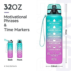 Elvira 32oz Motivational Fitness Sports Water Bottle with Time Marker & Removable Strainer,Fast Flow,Flip Top Leakproof Durable BPA Free Non-Toxic-Green/Purple Gradient