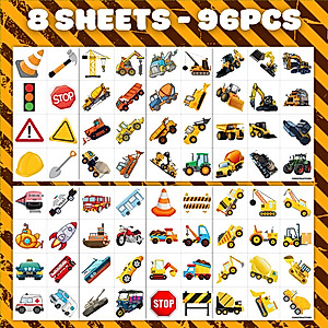 Construction Temporary Tattoos Birthday Party Supplies Decorations 96PCS Tattoos Stickers Vehical Excavator Bulldozer Cute Party Favors Kids Girls Boys Gifts Classroom School Prizes Themed