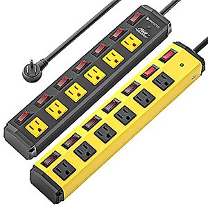 Power Strip with Individual Switches and Flat Plug, CRST 6-Outlet Metal Heavy Duty Surge Protector (1200 Joules), 6-Feet 14AWG Cord with Hook and Loop Fastener, 15A Circuit Breaker