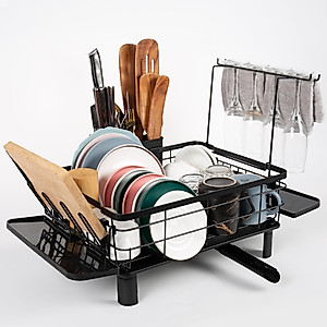 KitchNcure Large Dish Drying Rack for Kitchen Counter - Adjustable Height Dish Rack Over Sink with 12" Extended Spout & 4-Channel Drainboard - Kitchen Sink Organizer with Utensil Holder & Cup Hangers