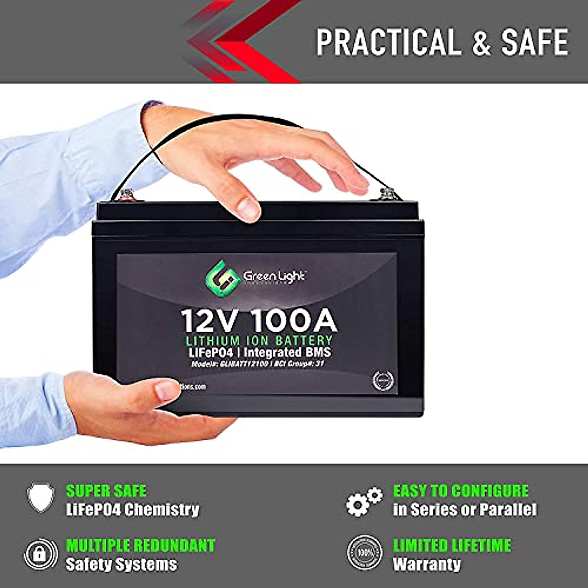 GLI Lithium-ion Deep Cycle Rechargeable Battery – 12v 100Ah IP54 Extreme Weather Resistant – up to 5,000 Cycle Long-Life – for Marine, Trolling Motors, RV, Off-Grid and Solar – with Charger & Cables