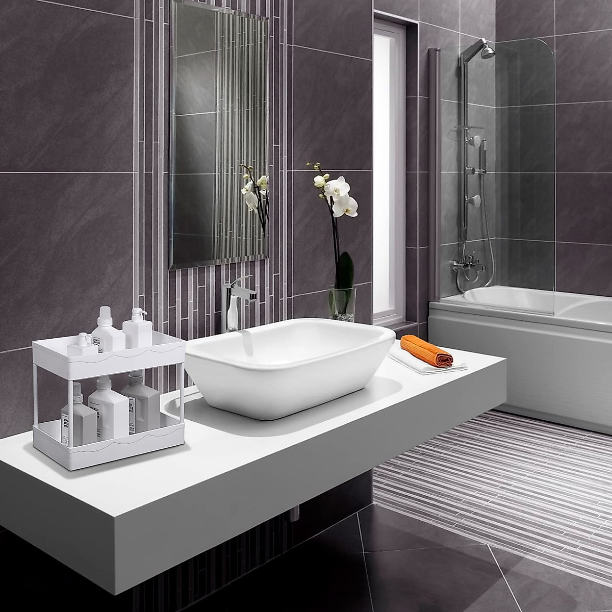 Under Sink Organizers and Storage,Under The Bathroom Sink Storage,2 Tier Under Sink Shelf with 4 Hooks,Bathroom and Kitchen Countertop Standing Rack,Under Sink Organizer for Bathroom Kitchen,White