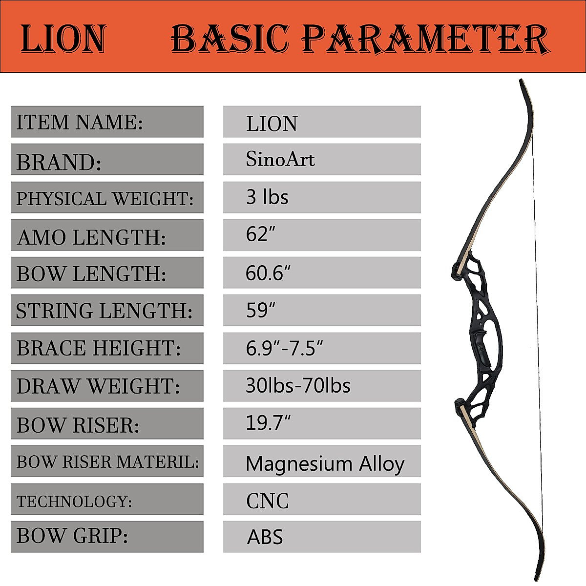 SinoArt 62" Takedown Hunting Recurve Bow Metal Riser 30 35 40 45 50 55 60 65 70 Lbs RIGHT HANDED (35 Lbs)