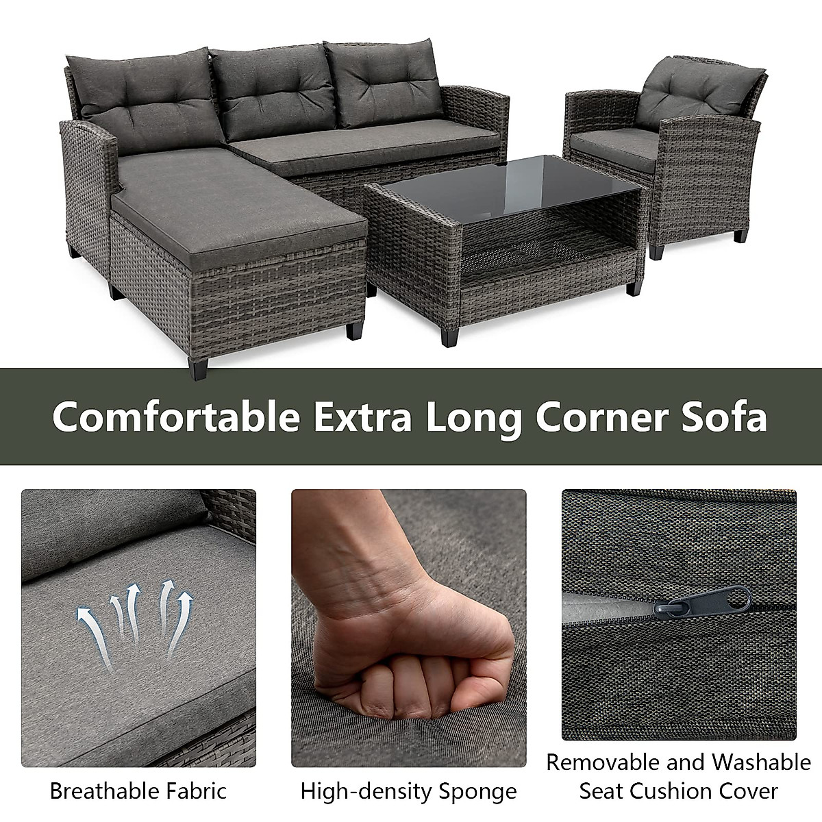 HAPPYGRILL 4 Pieces Patio Furniture Set Outdoor PE Wicker Sectional Sofa Set with Corner Sofa and Cushions, 2-Tier Coffee Table with Extra Storage Shelf, Patio Conversation Set for Poolside Backyard