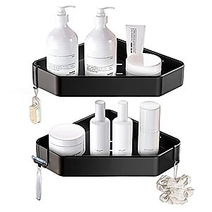 Corner Shower Caddy Organizer, 2 Pack Shower Shelves for Inside Shower, Adhesive Bathroom Wall Shower Organizer Accessories, Space Aluminum Corner Shower Shelf with 4 Hooks