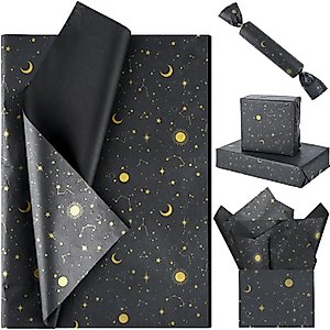 100 Sheets 20 * 14 Inches Galaxy Tissue Paper for Gift Wrapping, Black Gold Moon Star Printed Tissue Paper for Gift Bags for Birthday Christmas Baby Shower DIY Craft