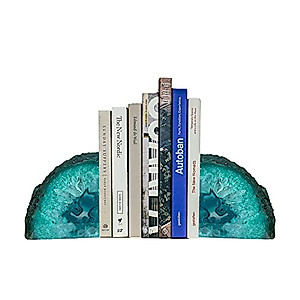 AMOYSTONE 1Pair Teal Agate Bookends Crystal Geode Book Ends 2-3 LBS with Anti-Slip Rubber Bumpers, Holder Small Books