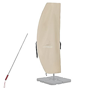 COOSHADE 600D Patio Umbrella Parasol Cover Waterproof Outdoor Anti-UV Protective Cover with Zipper Fits Cantilever Offset Umbrella 7.5-15 Feet, Khaki