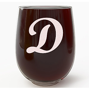 Etched Monogram 17oz Stemless Wine Glass (Letter D) A-Z Personalized wine glasses Custom Wine glasses Customized gifts for Her Women Initial Monogrammed Engraved