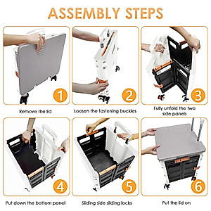 SELORSS Foldable Utility Cart Portable Collapsible Crate Rolling Carts with Wheels Rolling Tote Basket Teacher Cart with Lid Wear-Resistant 360°Rotate Wheel Noiseless for Shopping Storage Office Use