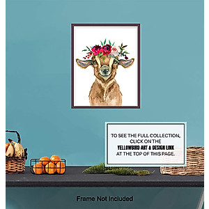 Cute Baby Goat w/Flower Crown Wall Art Home Decor - Decoration for Girls or Boys Bedroom, Nursery, Kids Room, Playroom, Preschool, Daycare - Farmhouse, Farm Theme Gift - Baby Animals Picture Print