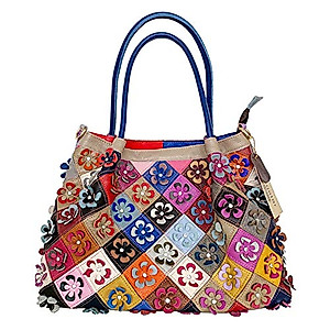 Segater® Women’s Multicolor Floral Tote Bag Big Crossbody Bag, Vintage Cowhide Leather Handbag Flower 3D Pattern Design Shoulder Bag Ladies Travel Top-Handle Bag Handmade Colorful Purses