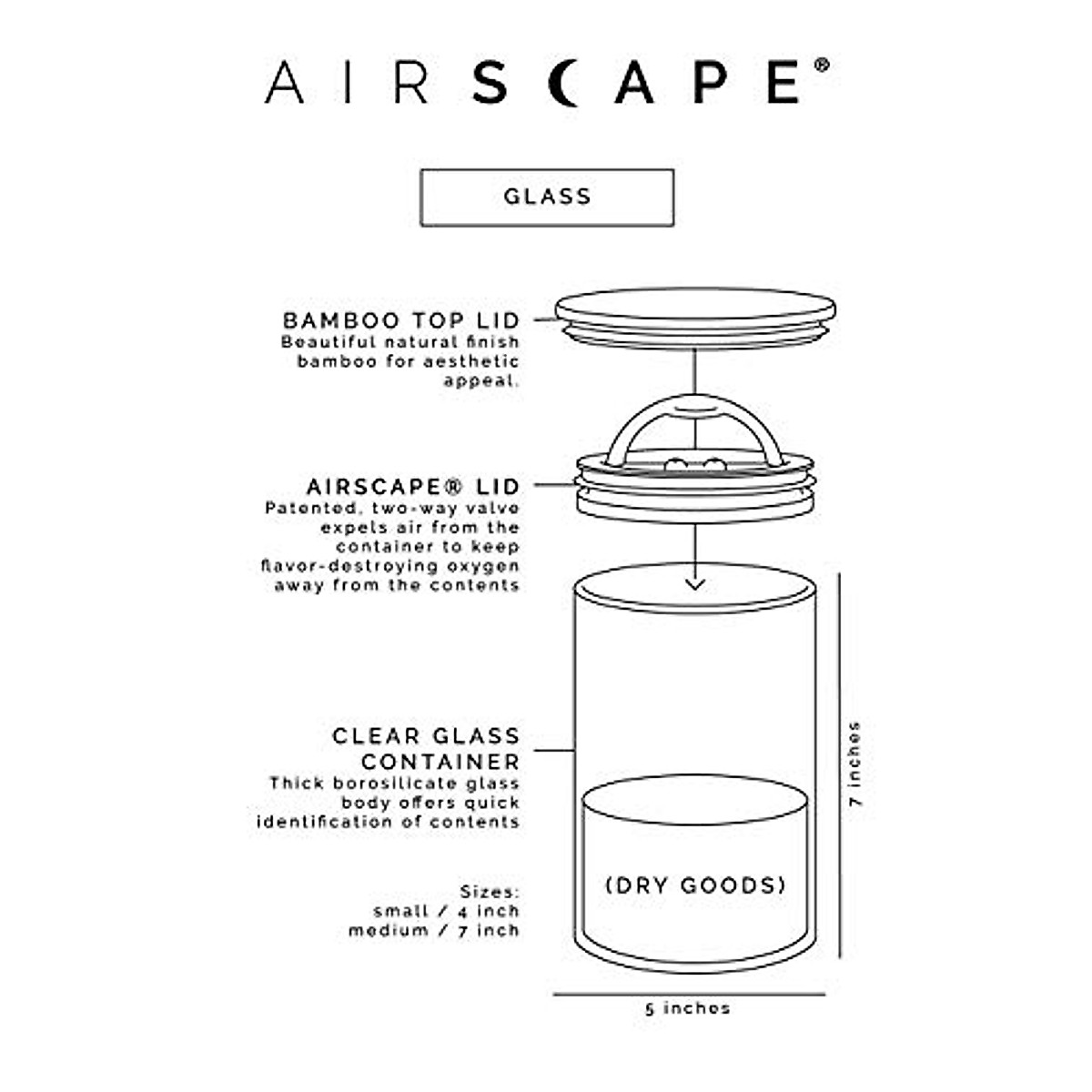 Airscape Glass Food Storage Canister - Patented Airtight Lid Preserves Food Freshness, Glass Storage with Bamboo Lid (Medium 7-Inch)