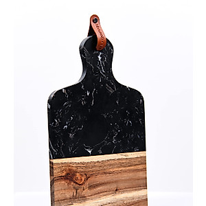 Stone & Clay Marble and Wood Cheese Board - 2-in-1 Charcuterie Cutting Board and Serving Tray - With Black Marble and Acacia Wood Chopping Surface - Perfect for Cheese, Vegetables, Fruit, and Meats