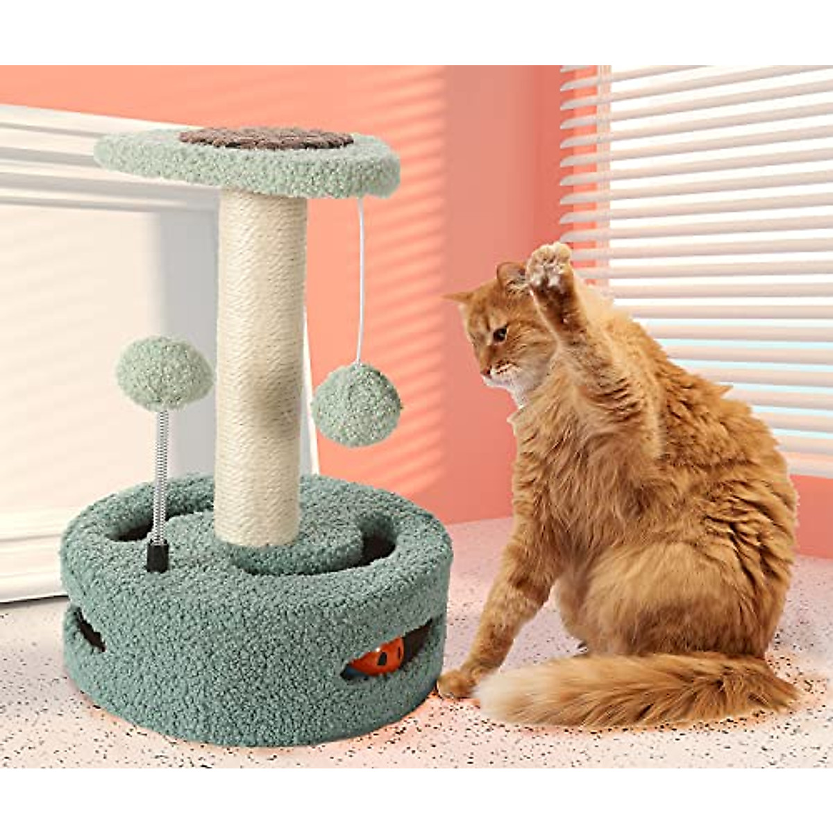 JIXIANGDOG Cat Scratching Post Cat Scratcher for Indoor Cats Natural Sisal Covered Cats Scratch Toy with Interactive Track Balls and Soft Dangling Ball for Kitten and Adult Cats