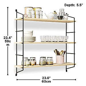 BENOLDY, 3 Tier Classic Black Metal Frame Wall Mounted Floating Shelf with Pine Wood Rack - Decorative Storage Wall Shelves for Bathroom, Kitchen, Living Room, and Bedroom Organization
