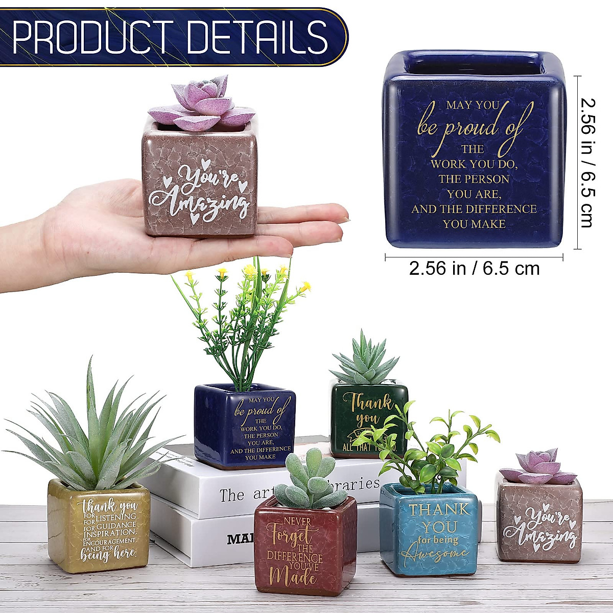 Sieral 6 Pcs Teacher Plant Gifts Thank You for Helping Me Grow Gifts Succulent Pots Appreciation Gifts for Employee Volunteer Ceramic Plant Pots with Drainage Holes, Plants Not Included(2.56 Inch)