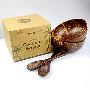 Motith Coconut Bowls - Wooden Spoon Sets Of 2 For Reusable Salad Smoothie Bowls Healthy Choice Coco Shell Buddha Bowls Eco-friendly Acai Bowls Natural Organic Handmade Polished Vegan Gifts