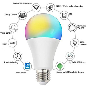 Smart WiFi Bulb,Smartlife APP,LED RGB Color Changing, 2700K-6500K, No Hub Required, A19 E26 Tuya 10W (100W Equivalent) LED Light Bulb,Pack of 2