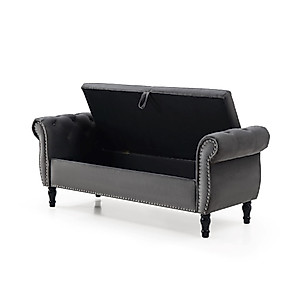 Yoglad Accent Lounge Chaise, Chesterfield Style Chaise Lounge, Upholstered Ottoman Chair, Button-Tufted Bench with Pillow for Living Room, Bedroom, Entryway (Grey, 63 Inch Storage Ottoman, Velvet)