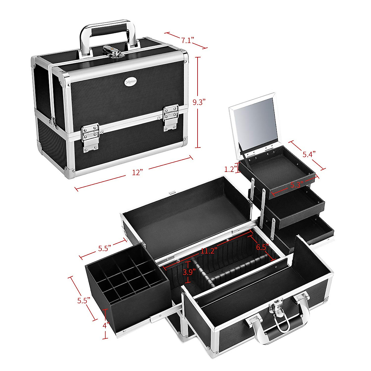 Joligrace Makeup Train Case Organizer Box Professional Multi-Purpose Cosmetic Storage with Sliding Trays, Polish Slots & Mirror, Portable Lockable with Keys, Large Black