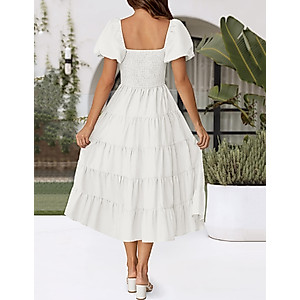 ZESICA Women's 2025 Summer Square Neck Short Puff Sleeve Solid Color High Waist Casual Smocked Flowy A Line Tiered Midi Dress,White,Small