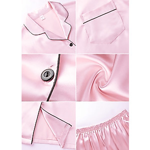 Finvizo Womens Silk Satin Pajamas Set: Soft Short Sleeve Two-piece Pjs Silky Button-down Sleepwear Loungewear Shorts Set,Pink S