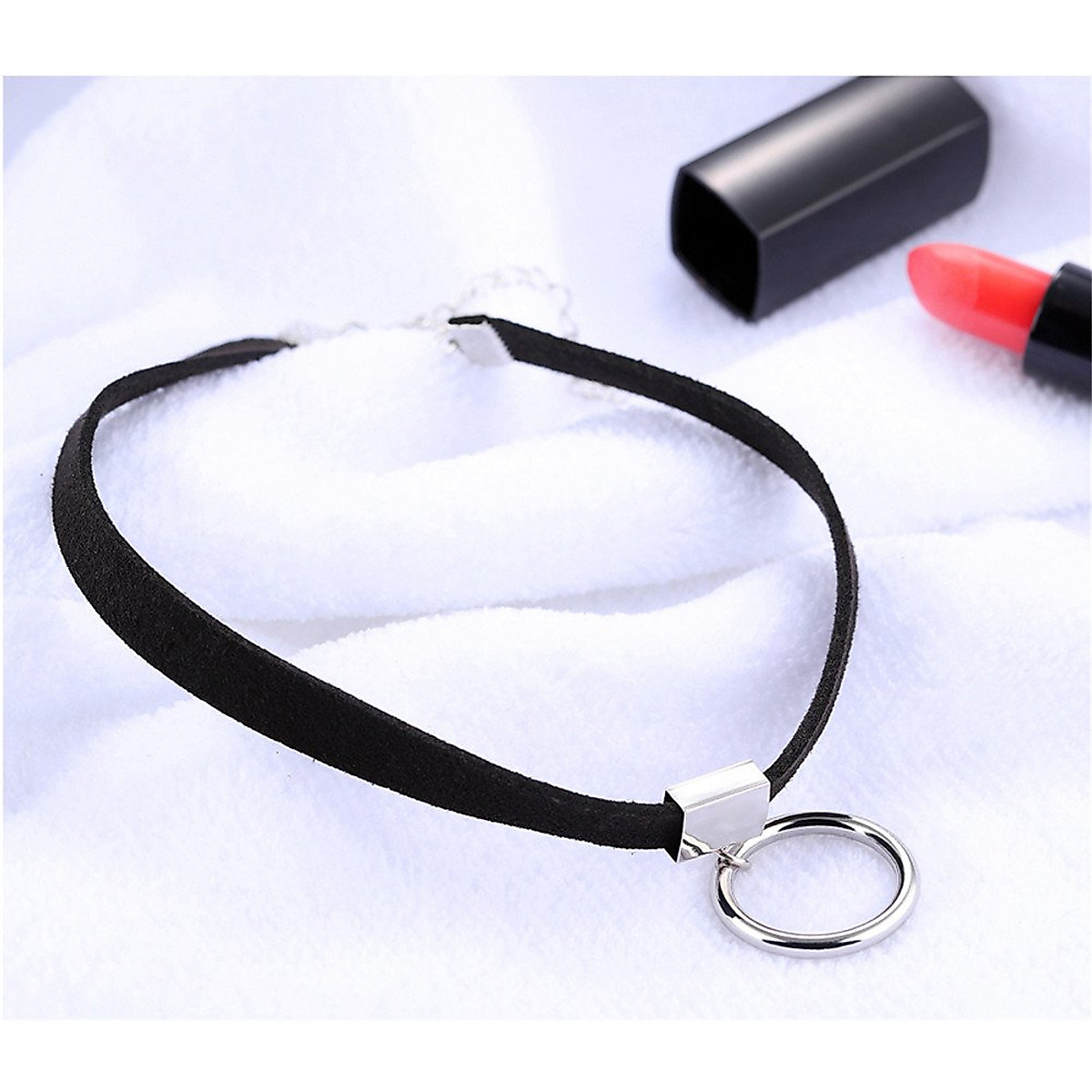 PAURO Women's Plain Black Velvet Ribbon Choker Stretch Necklace for Silver O Ring Charm