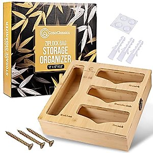 CasaClassics Ziplock Bag Storage Organizer – Eco-Friendly Bamboo Organizer for kitchen drawer – Easy to load Ziplock bags – Wall mountable - Compatible with Ziploc, Solimo, Glad, Hefty for Gallon, Quart, Sandwich, and Snack Variety Size Bag