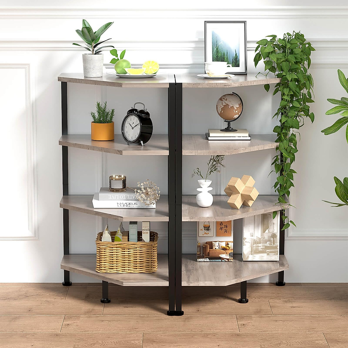 JOOLESER Corner Shelf - 4-Tier Corner Bookshelf with Metal Frame - Small Corner Shelves - Wood Corner Display Shelf for Living Room, Bedroom (Grey)