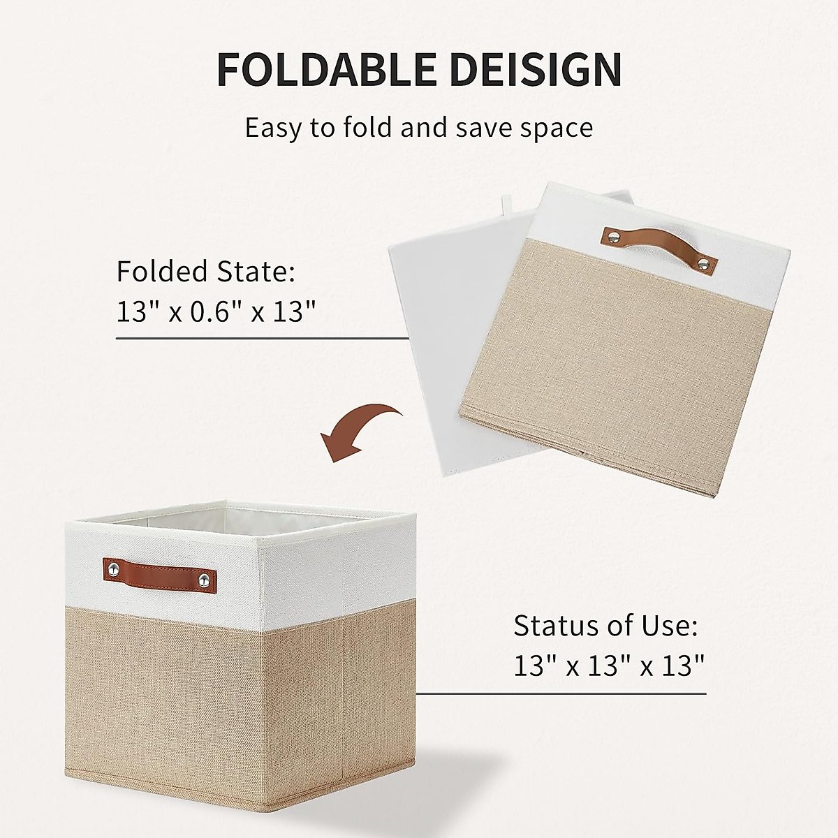 13"x13" Cube Storage Bins, ENLOY 4 Pack Collapsible Storage Cube Bins for Shelves, Large Capacity Storage Boxes for Organizing Closet Shelf with Leather Handle(White&Beige)