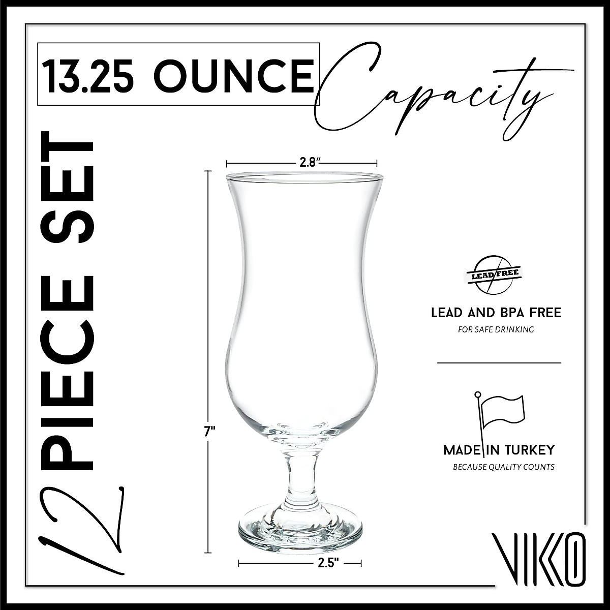 Vikko Hurricane Glasses, Set of 12 Pina Colada Glasses, 13.25 Ounce Cocktails Glasses Set, Durable Dishwasher Safe Party Glass
