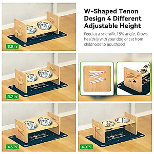 Upgraded Elevated Dog Bowls for Small Size Dogs and Cats - Adjustable Bamboo Raised Dog Bowl Stand with Highly Absorbent Spill Proof Mat and 2 Stainless Steel Pet Dog Puppy Food Water Bowls
