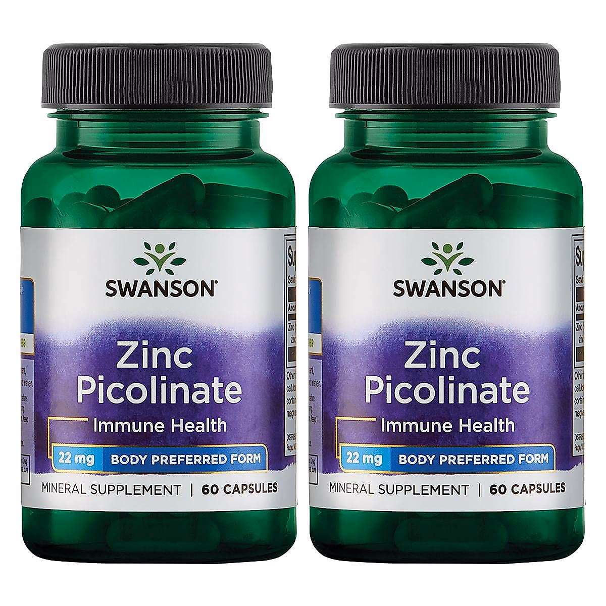 Swanson Zinc Picolinate - Mineral Supplement Promoting Prostate Health, Vision Health, & Immune Support - Body Preferred Form of Chelated Zinc - (60 Capsules, 22mg Each) 2 Pack