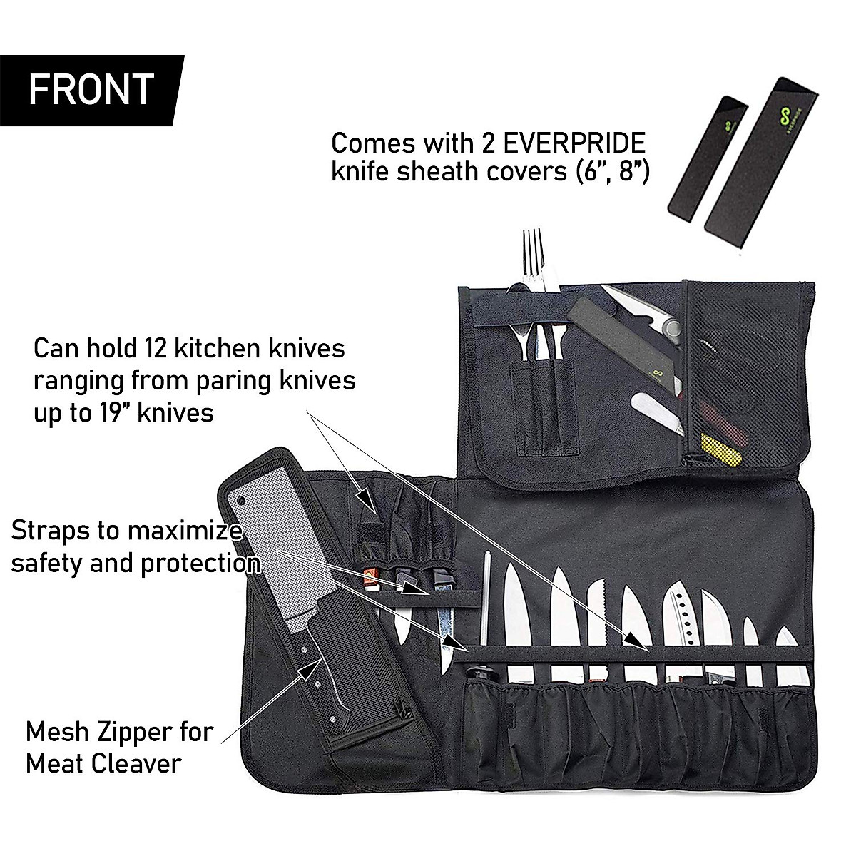 EVERPRIDE Chef Knife Roll Bag Holds 12 Knives – Contains 2 Large Zippered Pockets for Meat Cleavers and Cooking Tools – Durable Knife Case for Chefs and Culinary Students – Includes 2 Knife Guards
